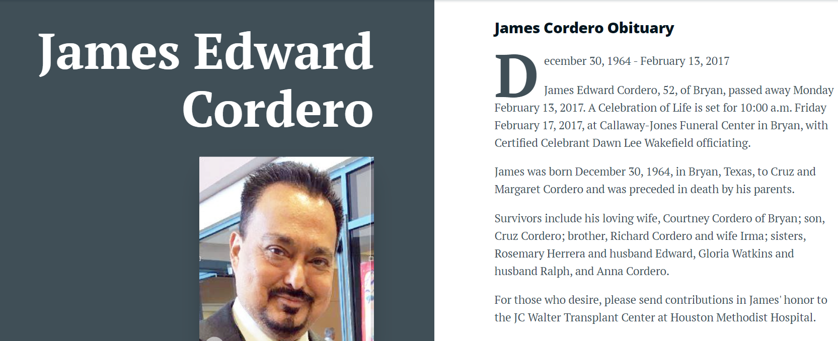 James Cordero Obituary and Funeral: Remembering a Life of Kindness and ...